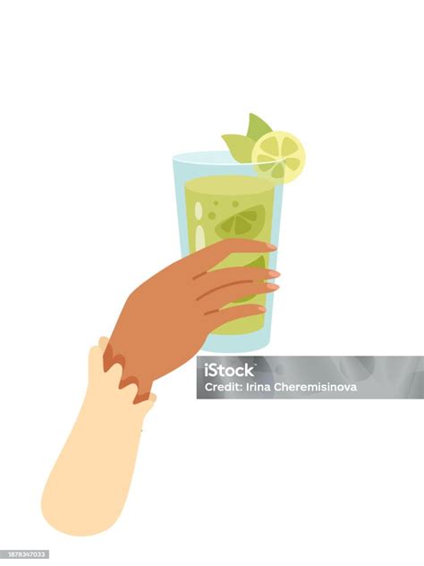 알코올 칵테일 또는 음료의 유리와 여자 손 와 백색 배경 고립된 라임 벡터 그림 여성은 모히토 또는 와인이 담긴 잔을 들고