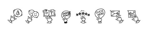 Doodle Click Icons Set Hand Finger Cursor Pointer Enable Notifications Customer Five Star
