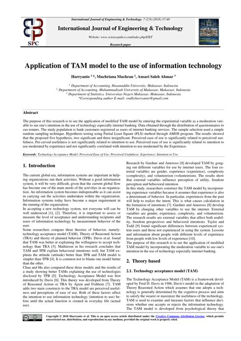 Pdf Application Of Tam Model To The Use Of Information Technology