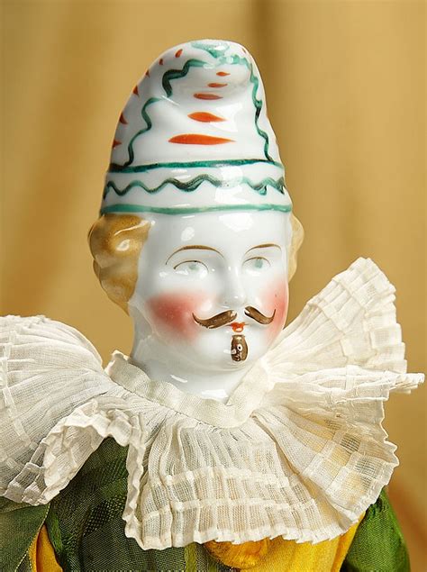Rare German Porcelain Doll As Jester With Sculpted Jester Cap