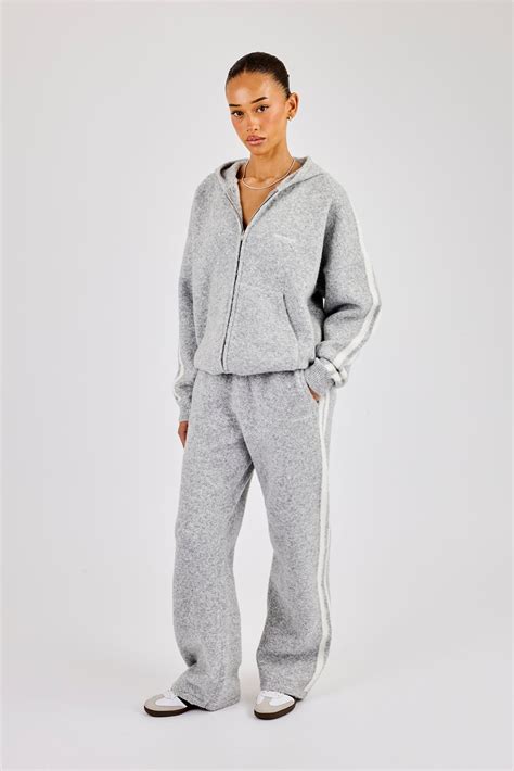 Oversized Knitted Stripe Zip Through And Wide Leg Jogger Grey Womens