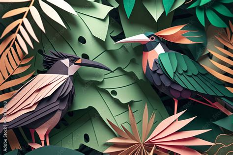 Tropical Leaves And Birds In Origami Style Created By A Neural Network