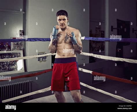 Boxer With Fists Up In Ring Stock Photo Alamy