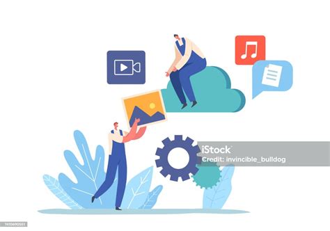 데이터 저장 복구 및 백업 개념 작업자 캐릭터는 미디어 파일을 가상 서버의 클라우드 스토리지로 복원 가상현실에 대한 스톡 벡터 아트 및 기타 이미지 Istock