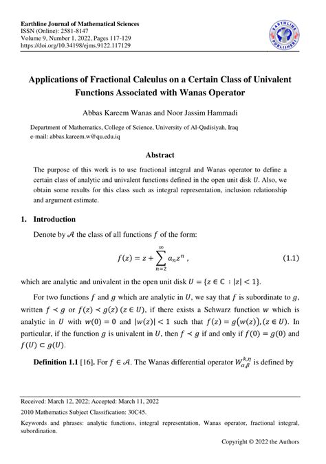 Pdf Applications Of Fractional Calculus On A Certain Class Of Univalent Functions Associated
