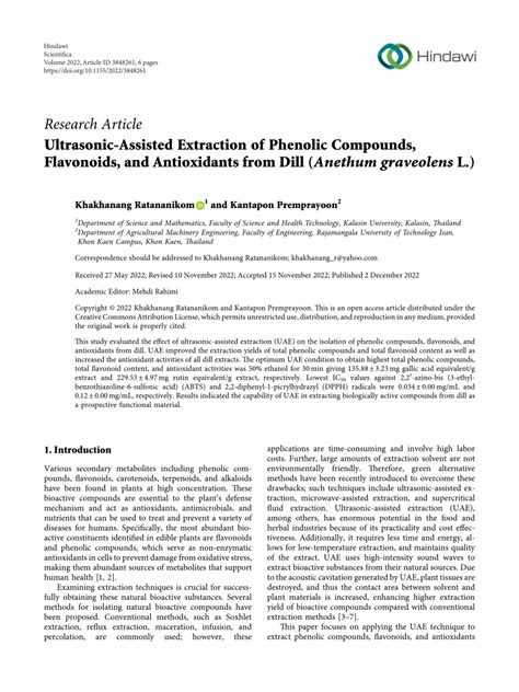 Pdf Ultrasonic Assisted Extraction Of Phenolic Compounds Flavonoids And Antioxidants From
