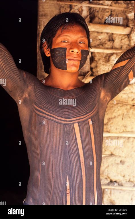 Catete Xingu Brazil Young Xicrin Kayapo Man With Full Face And Body