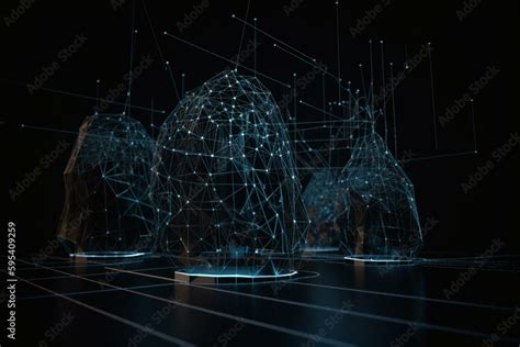 Virtual Wireframe With Sinusoid Shape Dark Background And Spotlights