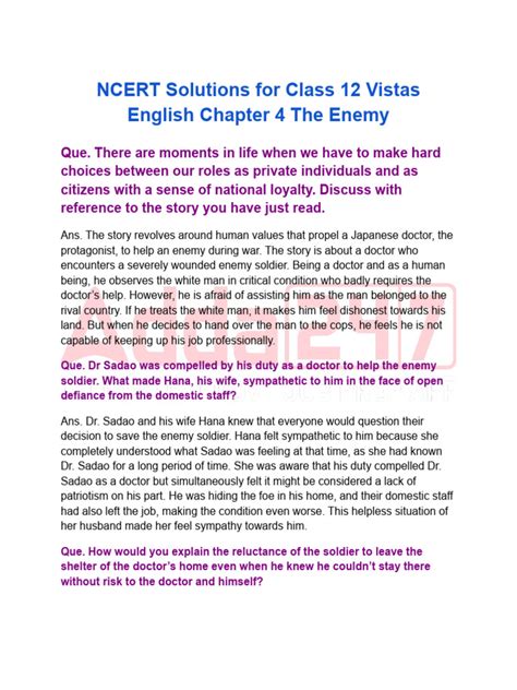 ncert solutions for class 12 vistas english chapter 4 the enemy pdf