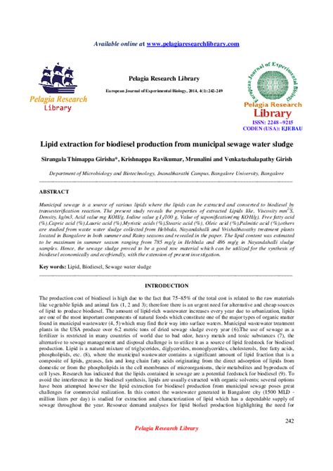 Pdf Lipid Extraction For Biodiesel Production From Municipal Sewage