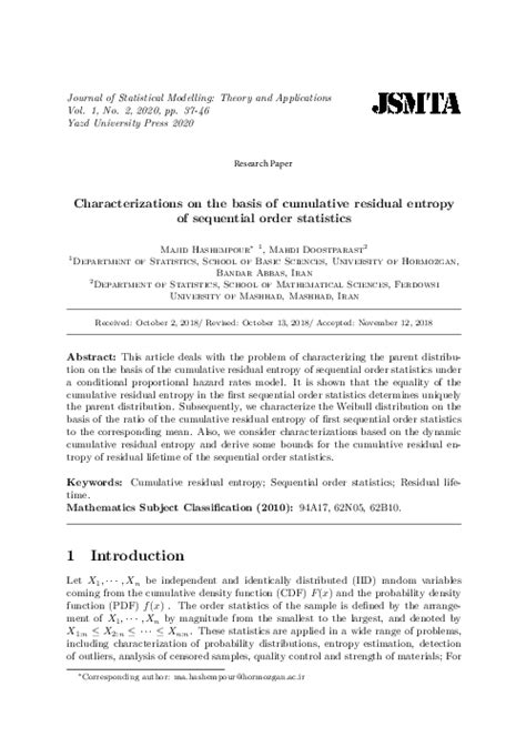 Pdf Characterizations On The Basis Of Cumulative Residual Entropy Of Sequential Order Statistics