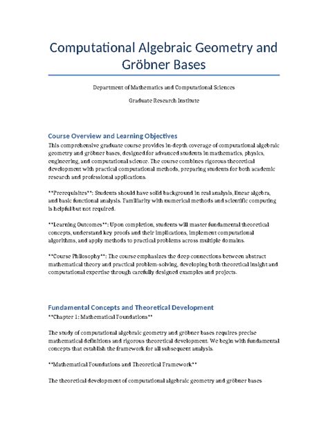 Computational Algebraic Geometry And Gröbner Bases Math 35 Course