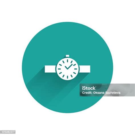 긴 그림자로 분리 된 흰색 손목 시계 아이콘 손목 시계 아이콘입니다 녹색 원 버튼입니다 벡터 일러스트레이션 개념에 대한 스톡 벡터 아트 및 기타 이미지 Istock