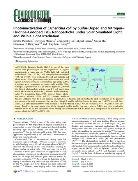 Pdf Photoinactivation Of Escherichia Coli By Sulfur Doped And