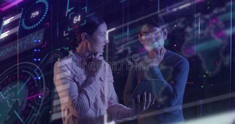 Image Of Data Processing Over Diverse Colleagues Using Tablet In Server Room Stock Illustration