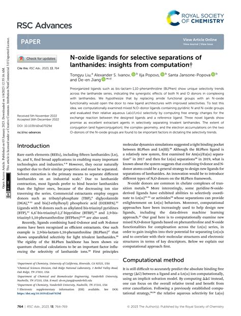 Pdf N Oxide Ligands For Selective Separations Of Lanthanides Insights From Computation