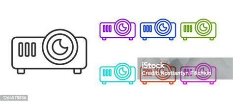 블랙 라인 프리젠 테이션 영화 영화 흰색 배경에 격리 미디어 프로젝터 아이콘 다채로운 아이콘을 설정합니다 벡터 일러스트레이션 교육에 대한 스톡 벡터 아트 및 기타 이미지