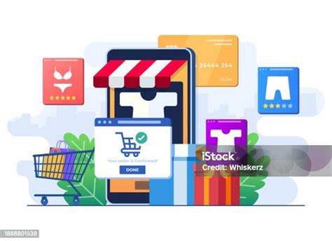 의류 매장 평면 그림 구매 옷 쇼핑백 신용 카드 쇼핑 카트 랜딩 페이지 웹 디자인 인포 그래픽 제품 평가에 대한 쇼핑 개념 평면 그림 0명에 대한 스톡 벡터 아트 및 기타