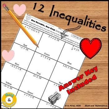Valentine S Day Solving Inequalities One Step Inequalities Coloring Activity