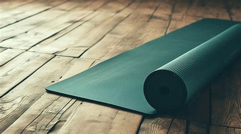 A Green Yoga Mat Is Laid Out In A Roll On The Wooden Floor Background