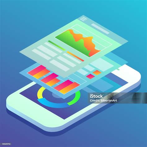 모바일 분석 개념 플랫 벡터 일러스트레이션 차트와 그래프가 있는 등색성 스마트폰 화면 3차원 형태에 대한 스톡 벡터 아트 및 기타 이미지 3차원 형태 개념 그래프