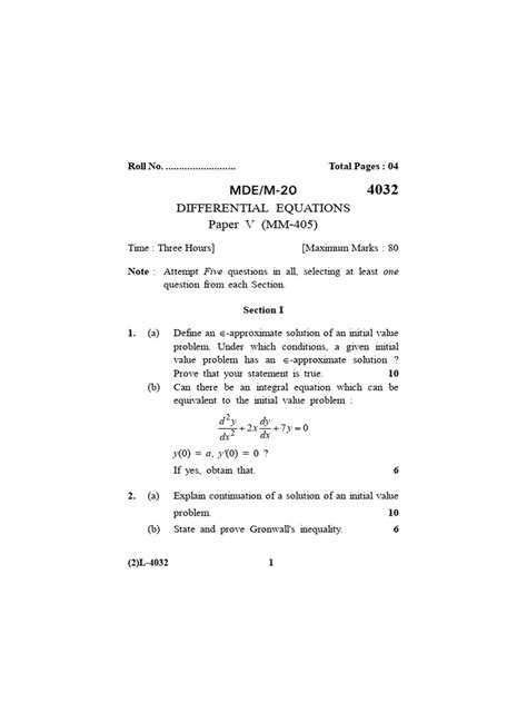 Msc Previous Mathematics Differential Equations 4032 2020 Pdf System Of Linear Equations