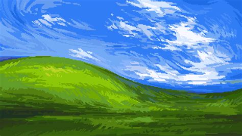 Grass Field Hills Pixel Art Clouds Bliss Microsoft Windows Windows Xp Digital Art Sky