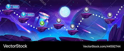 Space Game Level Map With Ufo On Alien Planet Vector Image