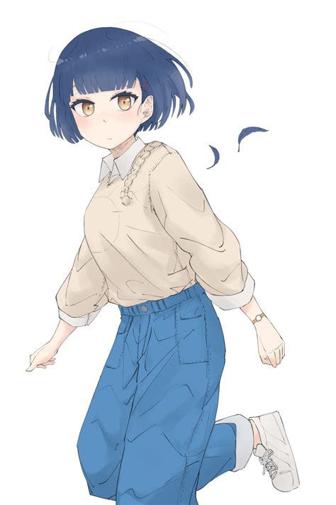 Safebooru 1girl Absurdres Blue Feathers Blue Hair Blue Pants Blush