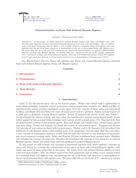 Pdf Characterization On Fuzzy Soft Ordered Banach Algebra
