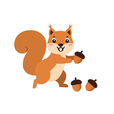 Happy Squirrel Holding Acorns In A Playful Pose Flat Design Art