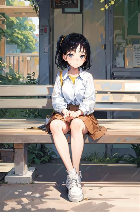 Premium Photo A Girl Sitting On A Bench With A Sign Saying Anime