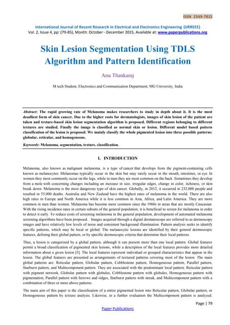 Skin Lesion Segmentation Using Tdls Algorithm And Pattern Identification Pdf