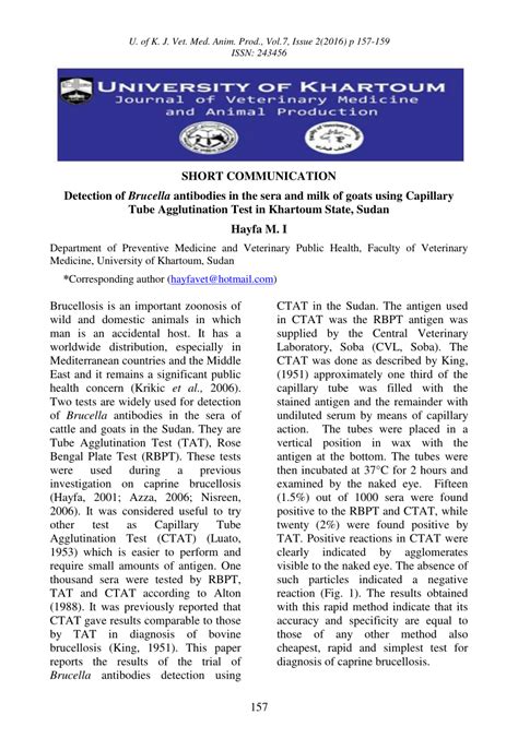 Pdf Detection Of Brucella Antibodies In The Sera And Milk Of Goats Using Capillary Tube