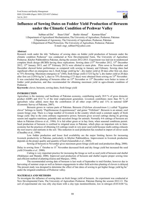 Pdf Influence Of Sowing Dates On Fodder Yield Production Of Berseem Under The Climatic
