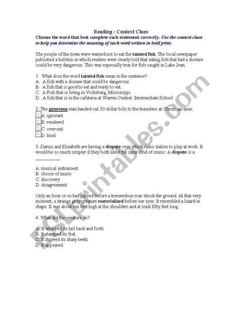 Context Clues Test Esl Worksheet By Rosekinsey1234