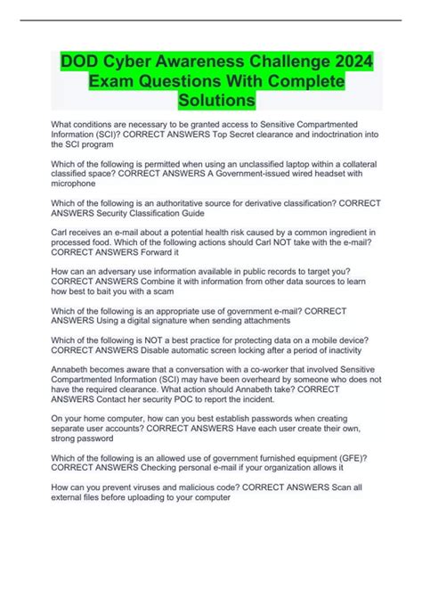 Dod Cyber Awareness Challenge 2024 Exam Questions With Complete Solutions Cyber Awareness