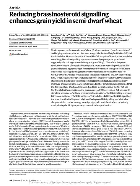 Pdf Reducing Brassinosteroid Signalling Enhances Grain Yield In Semi Dwarf Wheat