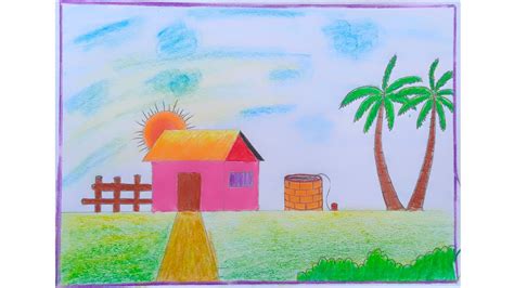 How To Make A Simple Scenery Draw সহজে গ্রামের দৃশ আকা Drawingtutorials Youtube