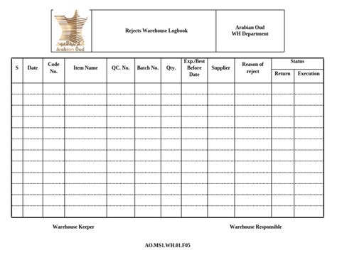 Ao Ms1 Wh 01 F05 Rejects Warehouse Logbook Pdf