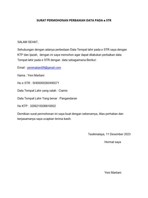 Surat Permohonan Perbaikan Data Pada E Str Pdf