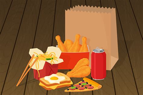 패스트 푸드 세트 패스트 푸드 나무 테이블에 누워 있습니다 Shawarma 핫도그 피자 샌드위치 팝콘 아이스크림 날개 허벅지 및 크로와상 길거리 음식 벡터 그림 감자 요리에