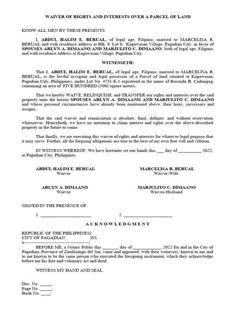 Waiver Of Rights And Interests Over A Parcel Of Land 2 Download Free