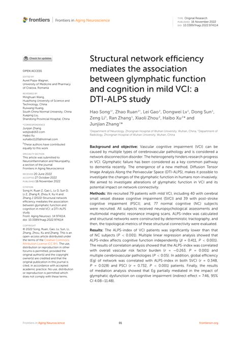 Pdf Structural Network Efficiency Mediates The Association Between Glymphatic Function And