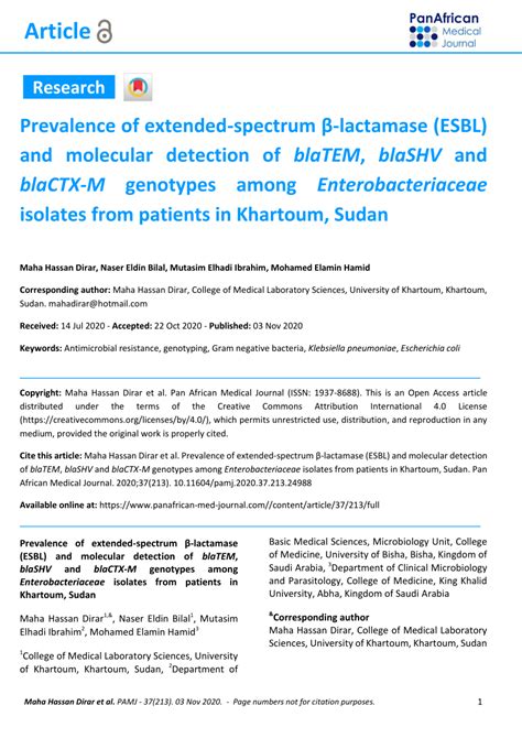 Pdf Prevalence Of Extended Spectrum β Lactamase Esbl And Molecular Detection Of Bla Tem Bla