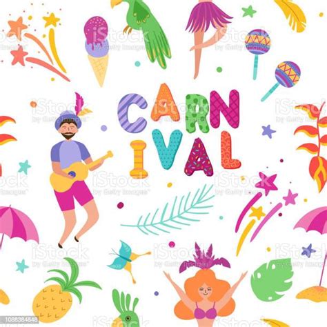 브라질 카니발 완벽 한 패턴입니다 브라질 삼 바 댄서 문자 카니발입니다 축제 의상에서 여자와 리오 데 자네이 축제 벡터 일러스트