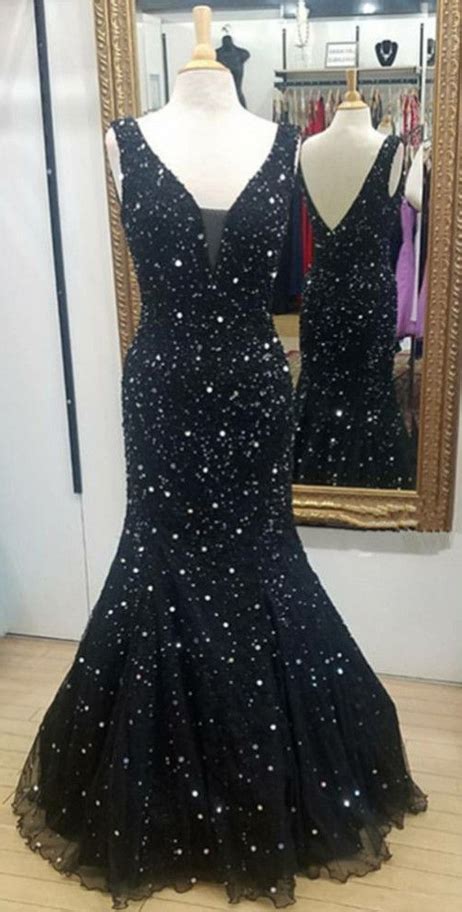 Luxurious Sequins Beaded V Neck Navy Blue Prom Dresses Sparkly Mermaid