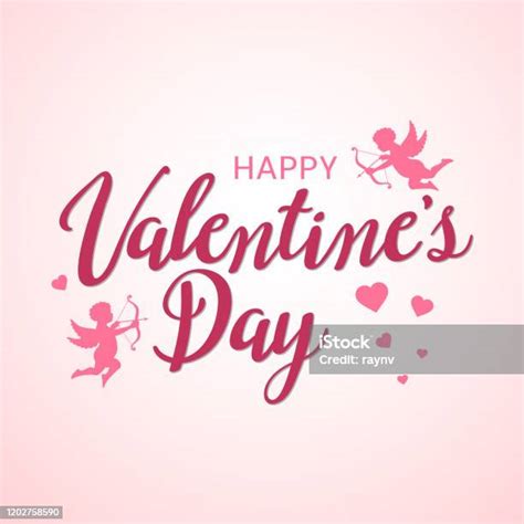 마음과 큐피드와 해피 발렌타인 데이 문자 텍스트 손으로 쓴 발렌타인 인사말 카드 템플릿 벡터 2월에 대한 스톡 벡터 아트 및 기타 이미지 Istock