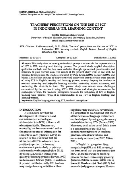 Pdf Teachers Perceptions On The Use Of Ict In Indonesian Efl Learning Context