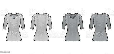 리브드 V넥 니트 스웨터 테크니컬 패션 일러스트와 팔꿈치 소매 밀착 모양 튜닉 길이 0명에 대한 스톡 벡터 아트 및 기타 이미지 0명 검은색 겨울 Istock